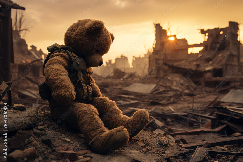 Destroyed teddy bear on the floor of the ruined city because of war ...