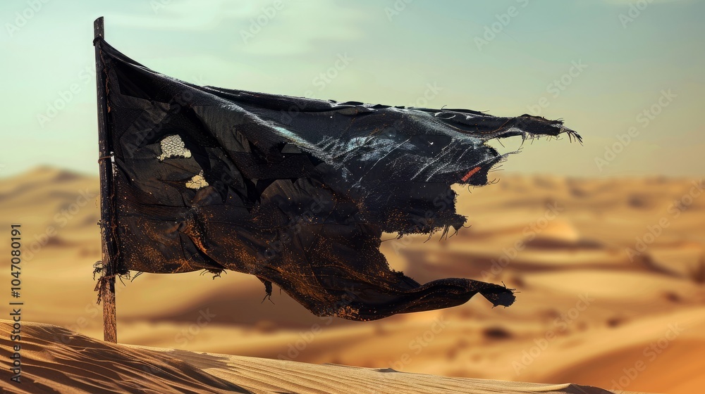 A tattered black flag flies in the wind against a backdrop of golden ...