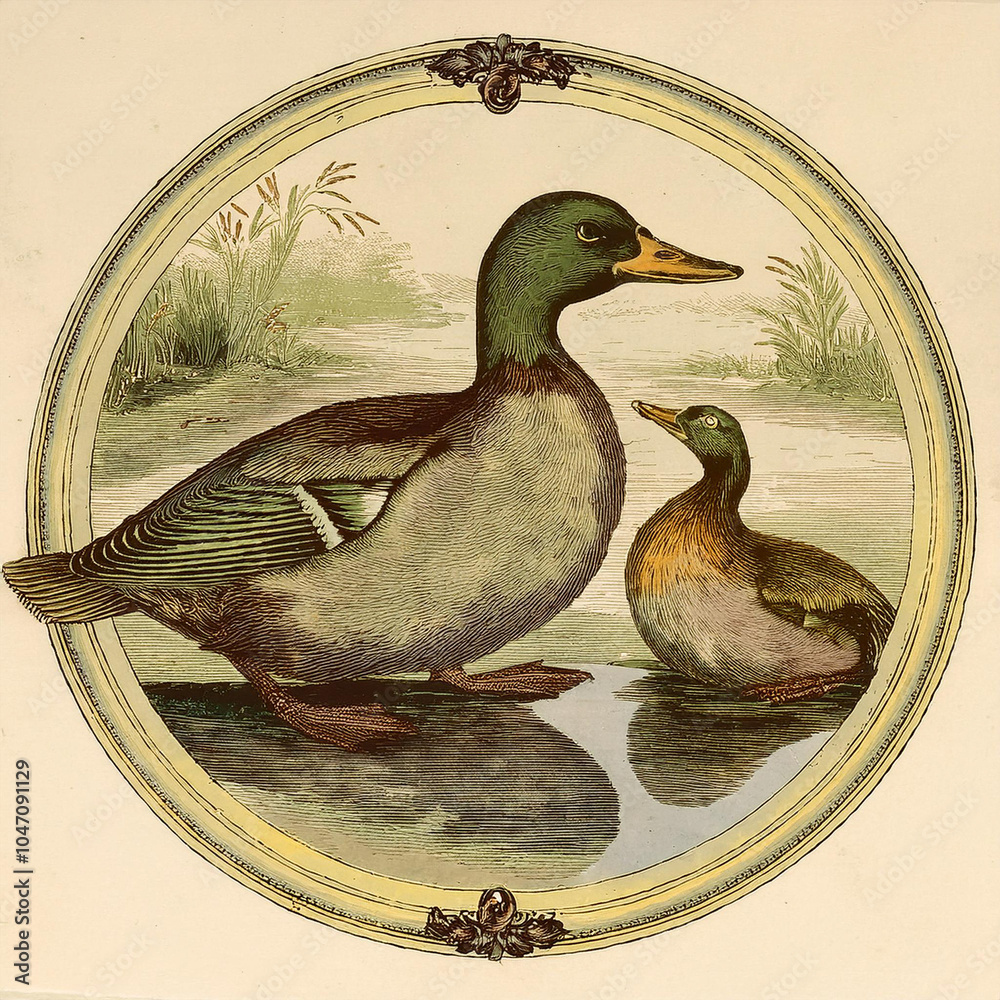 An old book illustration featuring two ducks by the water in a circular ...
