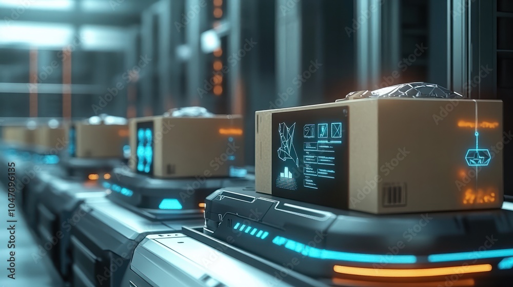 Future Technology 3D Concept: Automated Retail Warehouse AGV Robots with Infographics Delivering ...