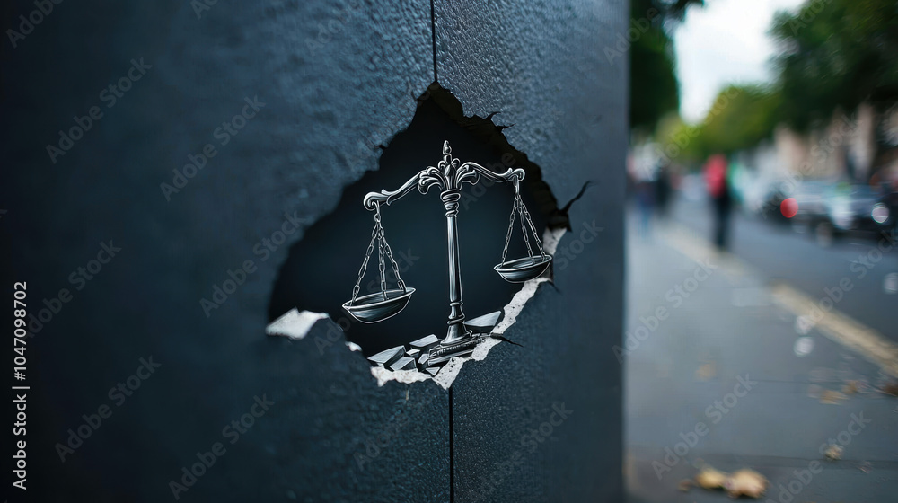 striking graffiti artwork depicting broken justice scale on wall ...