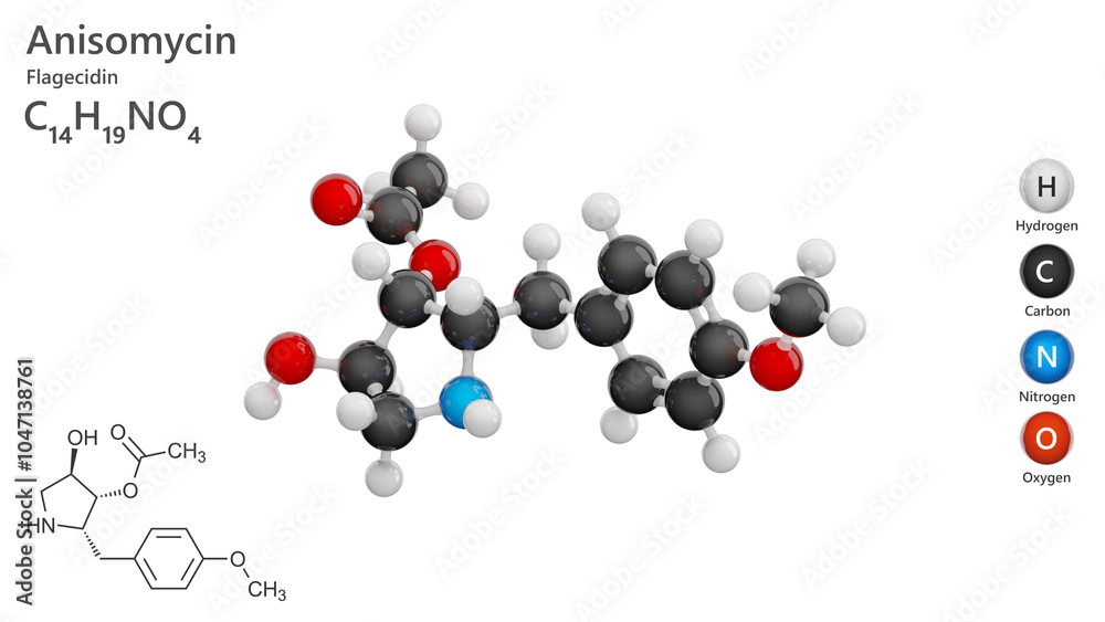 Molecule: Anisomycin or Flagecidin. Antibiotic. Molecular structure ...
