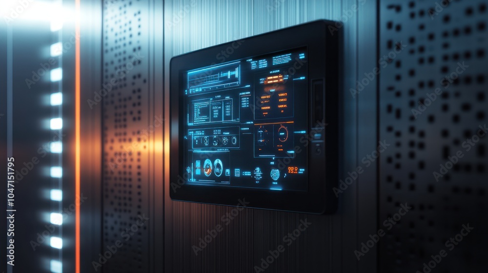 A sleek touchscreen control panel mounted on a contemporary wall in a ...