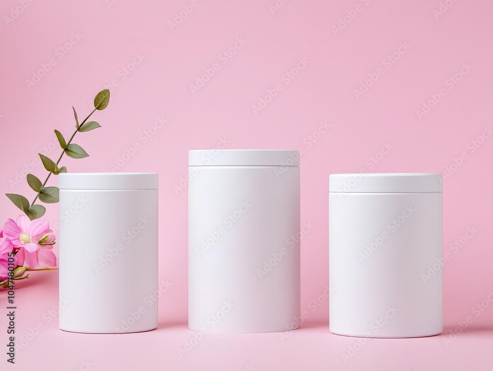 Blank cylindrical plastic canister with a matte finish, placed on a ...
