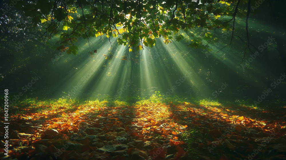 Sunlight breaking through tree branches in a forest, casting dappled ...