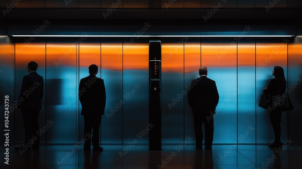 Group of people standing near elevator doors, ready to enter the ...