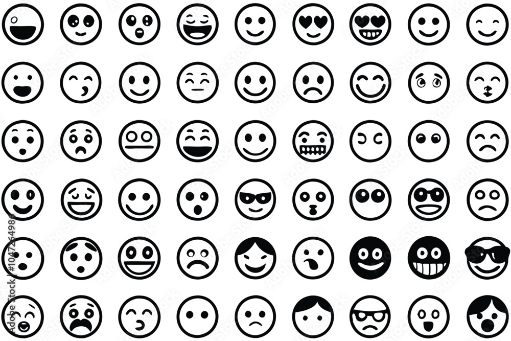 60 unique emoticons in a colorful grid layout on white background for social media and app ...