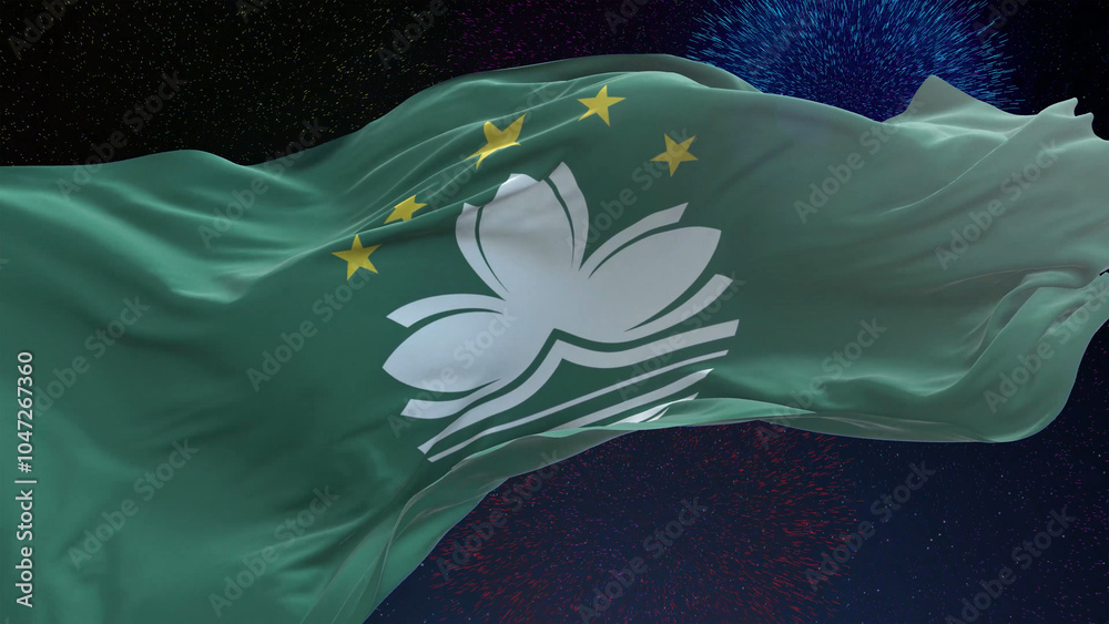 Macau flag - Waving flag on celebrating fireworks for national holiday ...