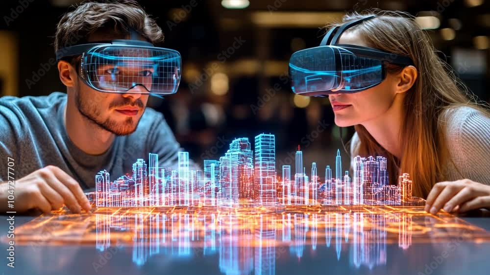 Virtual Reality Architects: A young couple wearing VR headsets interact ...