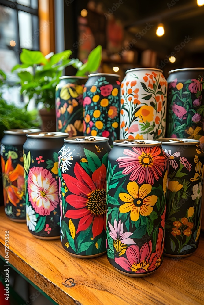 Beverage can mockup set with vibrant label options, stacked arrangement ...