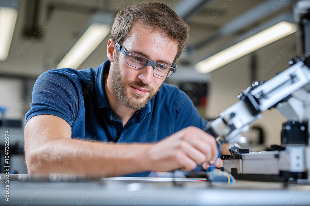 mechanical engineer is collaborating on industrial project, focusing intently on robotic arm in ...