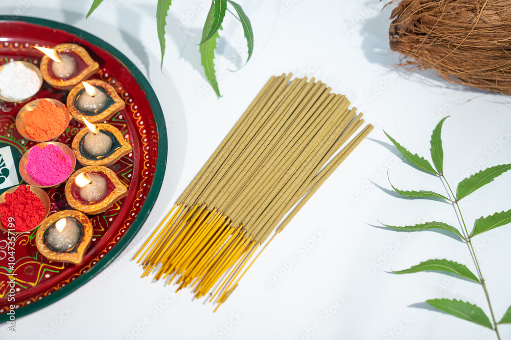 Agarbatti or Incense Sticks with puja thali Hindu ritual Background ...