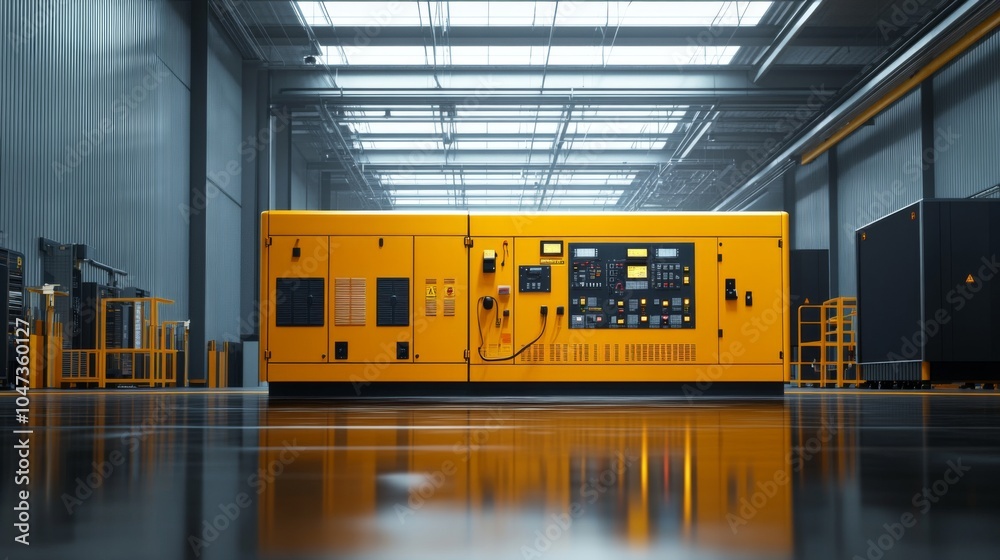 Bright yellow industrial diesel generator in modern factory setting ...