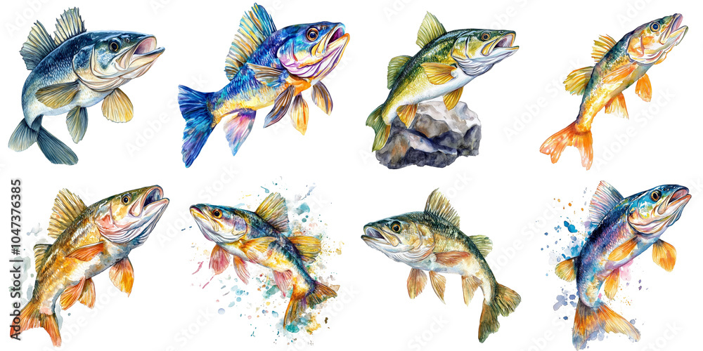A vibrant set of watercolor walleye fish clipart illustrations, perfect ...
