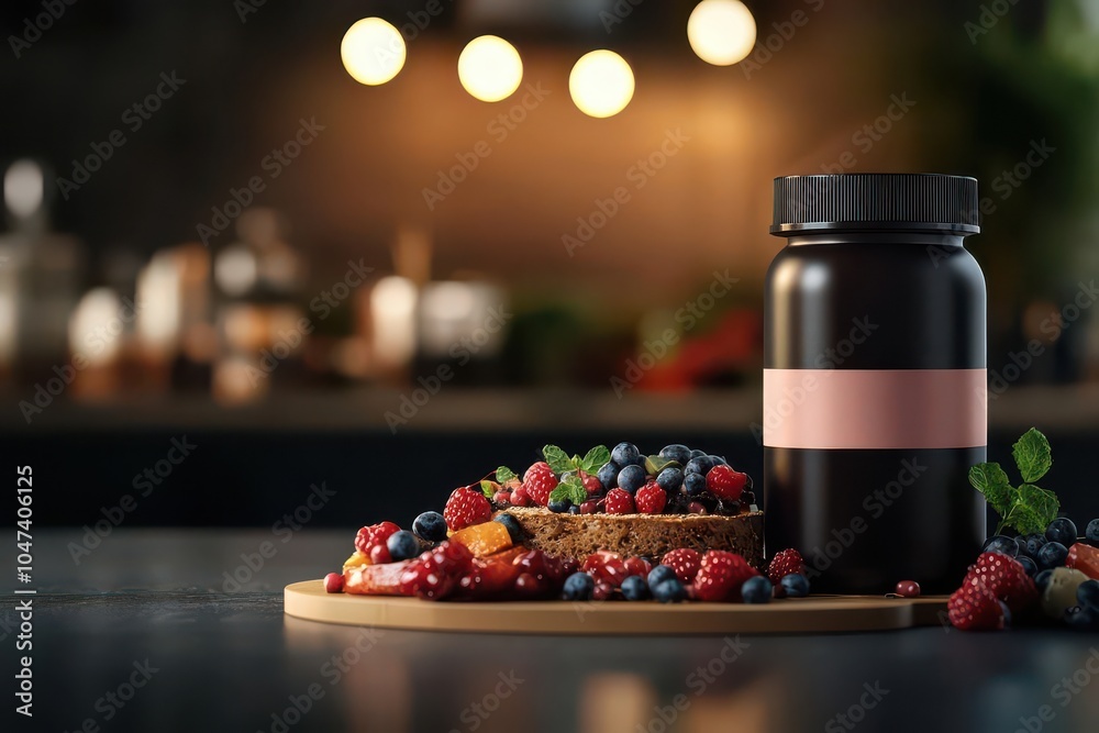 3D model of whey protein supplements next to a balanced meal, soft ...