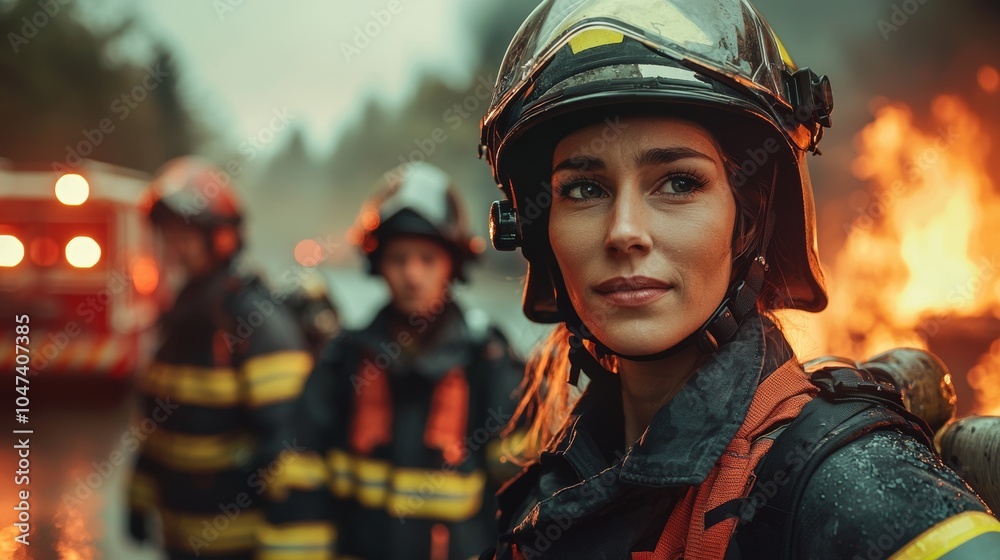 Firefighter Woman with Confident Look Fire Scene Fire Truck Rescue ...