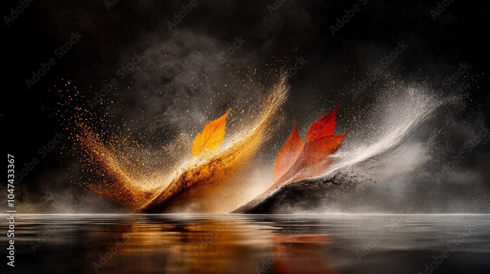 Autumn leaves in a dynamic splash of water and dust particles over a ...