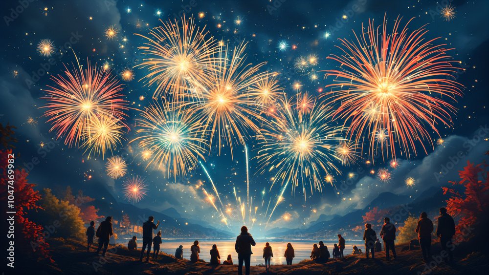 Fireworks Enthusiasts Watching Pyrotechnic Display in the Night Sky ...