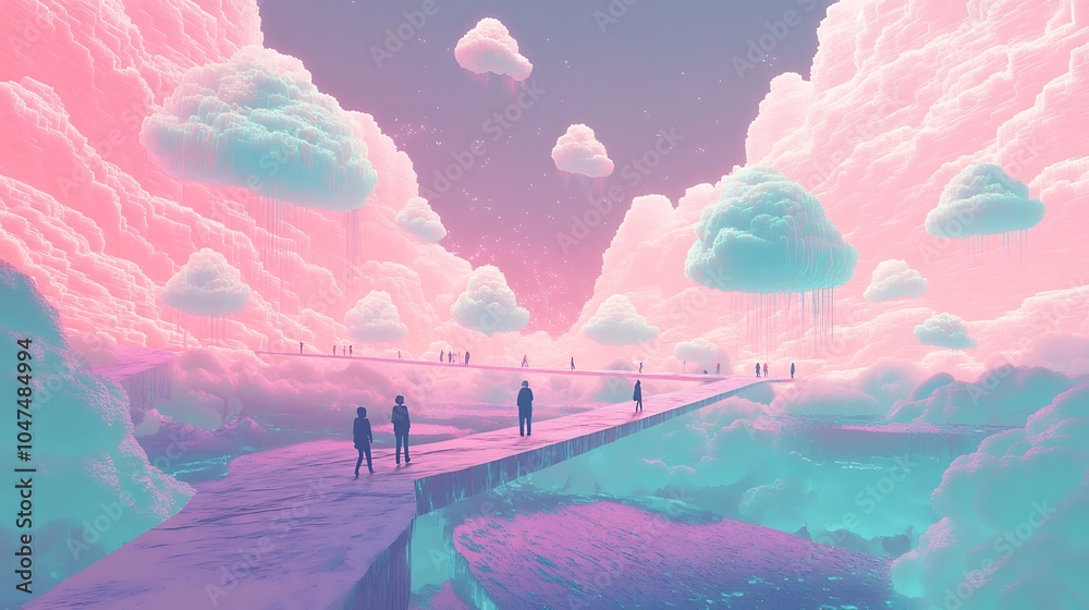 surreal pixel dream world where clouds walk across a pastel-colored ...