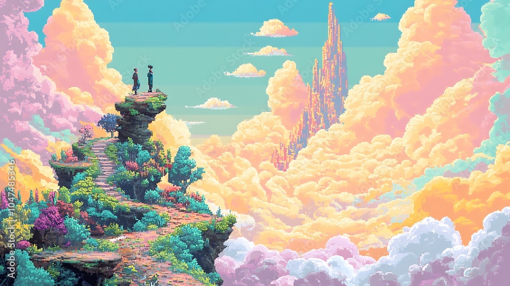 surreal pixel dream world where clouds walk across a pastel-colored ...