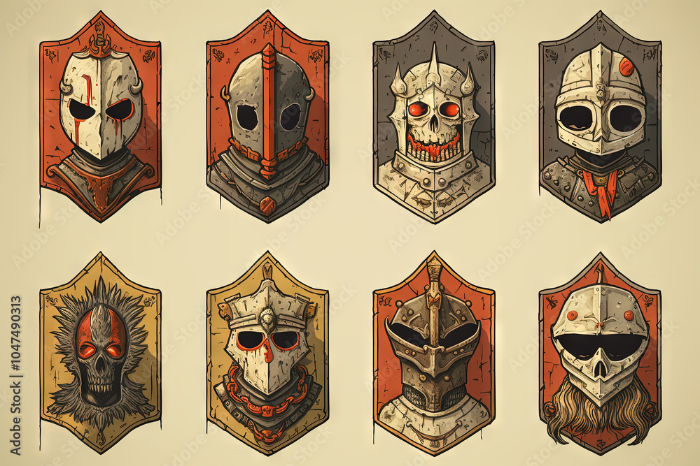 Mystic knight portraits set in metal armor. Occult scary knights in ...