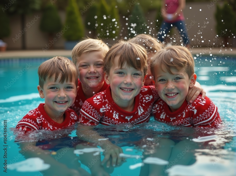 Kids enjoy a festive Christmas pool party wearing ugly sweaters while ...