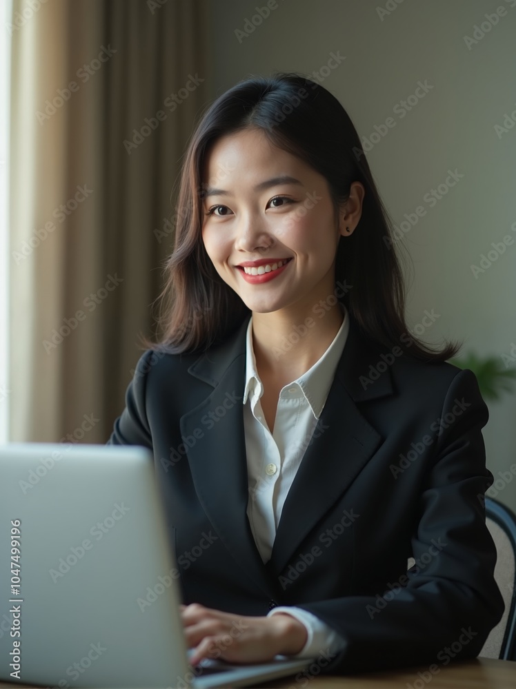Professional woman working on a laptop at an elegant office in a bright ...