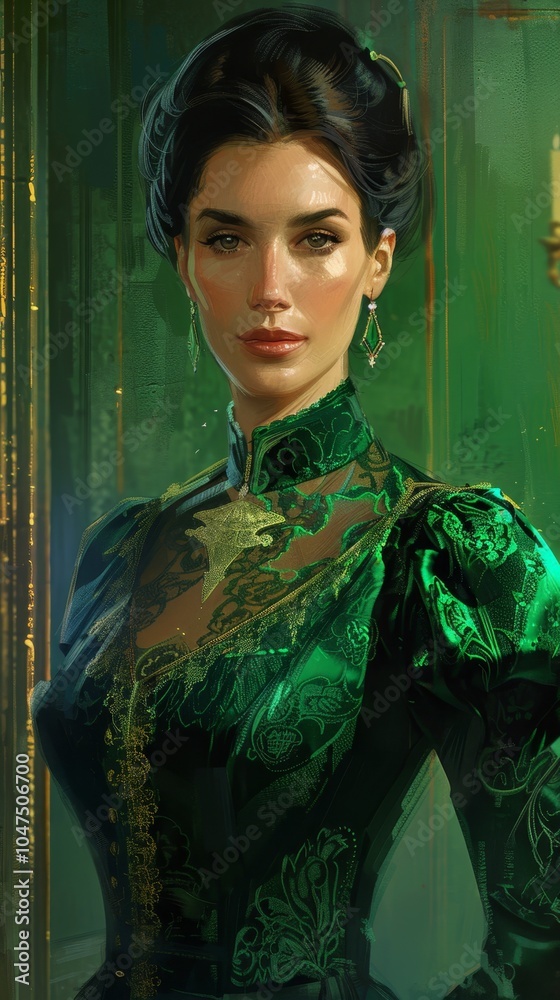 ภาพประกอบสต็อก Victorian-era woman in luxurious green gown with ...