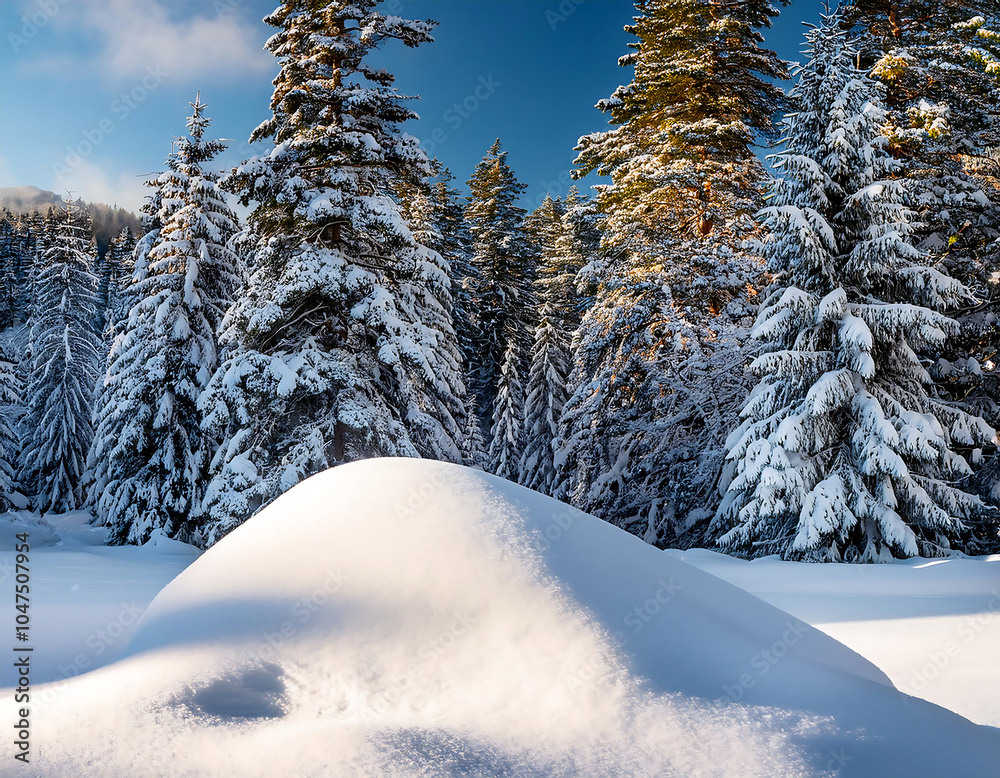 Snowy pine branches surround a winter wonderland scene with a heaping ...