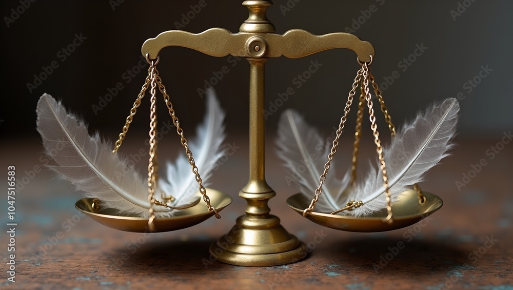 Brass scales with two feathers symbol of fairness and equality Stock ...