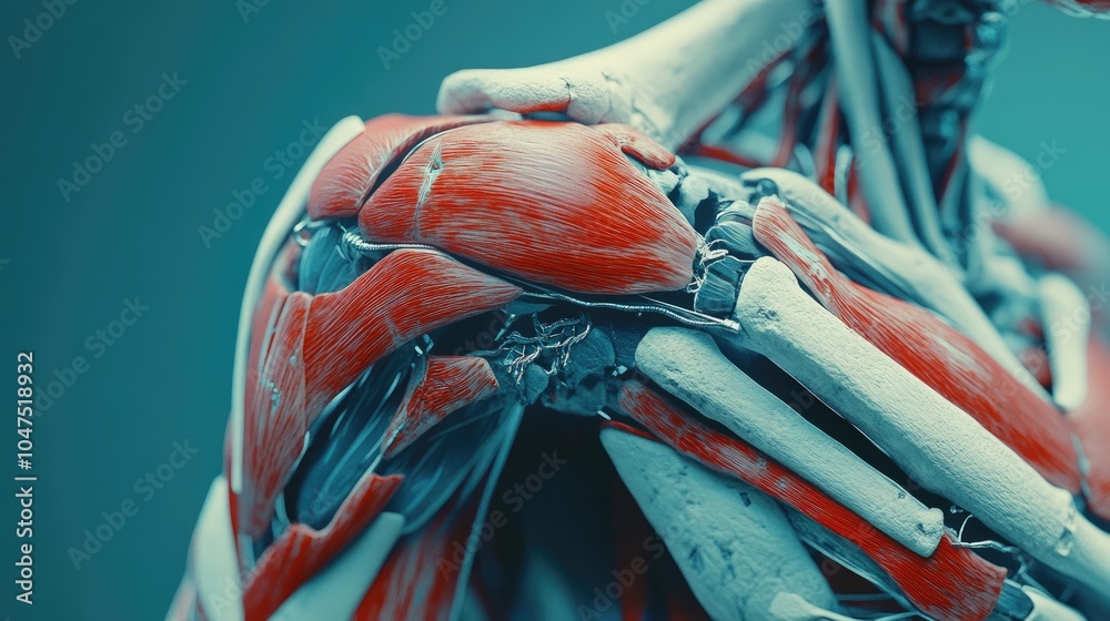 3D illustration of the human shoulder joint with muscles and ligaments ...