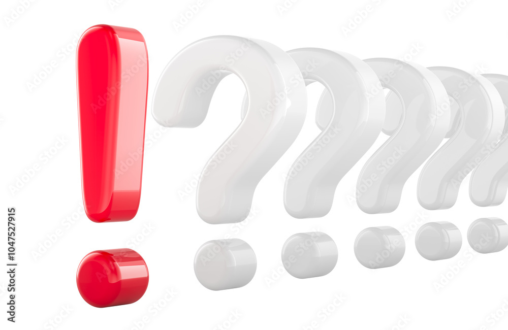 Exclamation mark with many question marks. 3D rendering isolated on ...