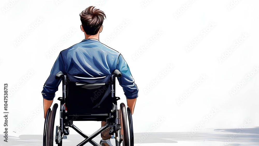 Young man in a wheelchair, rear view, white background. Disabled person ...