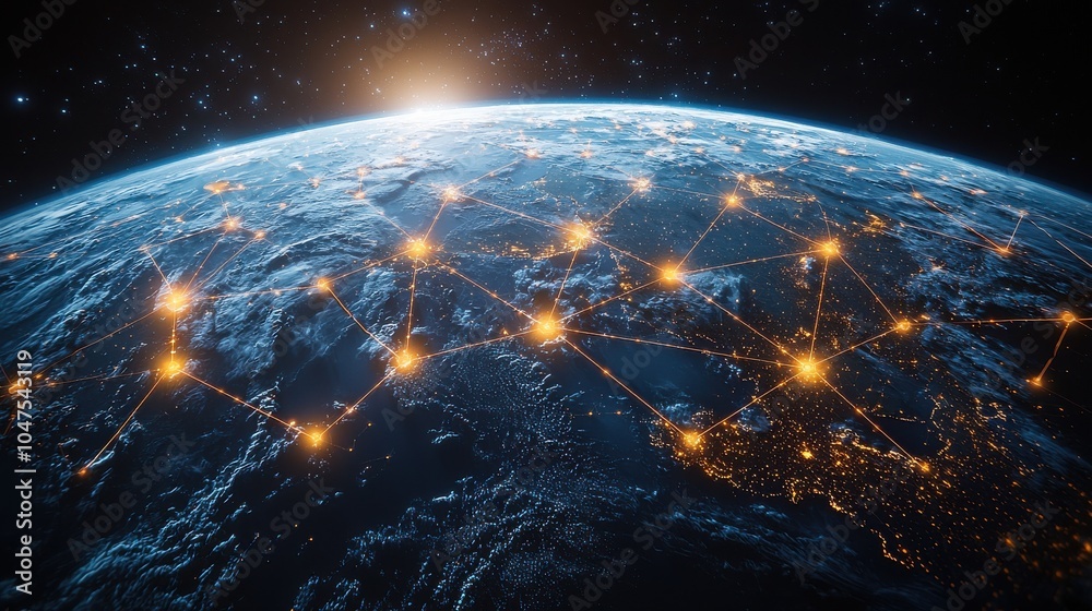 Connections across the globe visible from space at dawn, showcasing ...