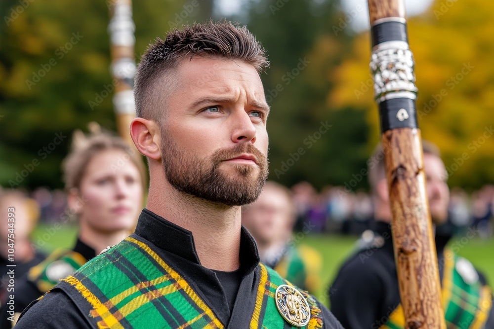 A traditional Scottish Highland Games event with participants in kilts ...