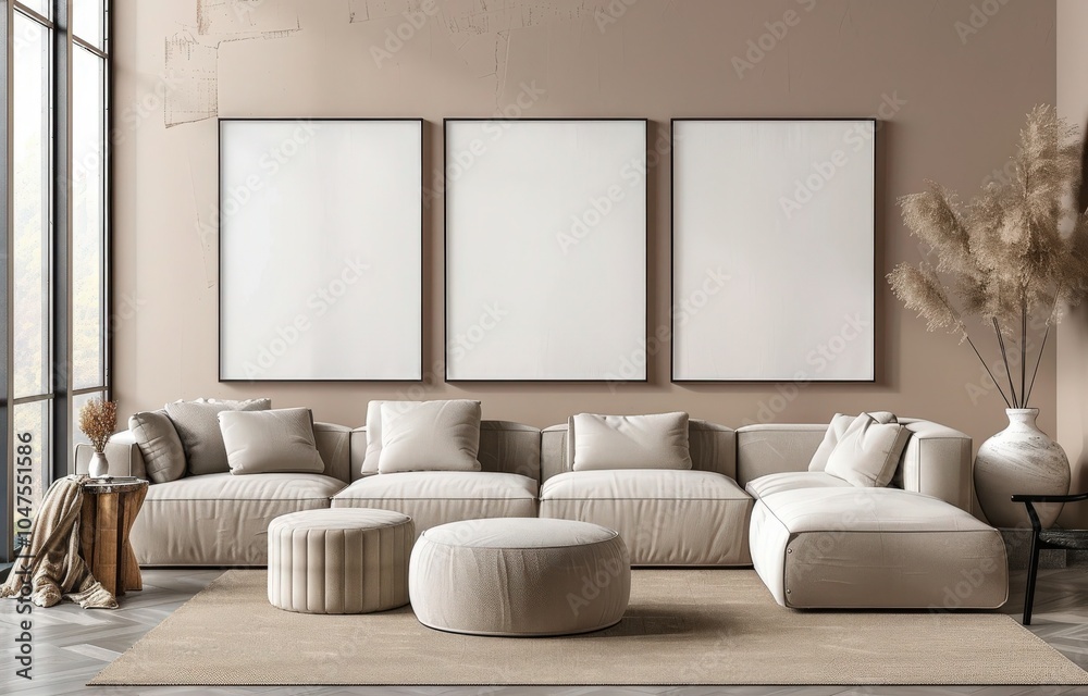 A modern living room interior with a large sectional sofa. three empty ...