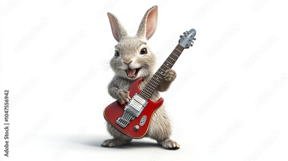 Cartoon Rabbit Hare Playing Guitar with Red Strap Rock Hand Gesture ...