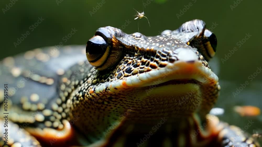 A close-up of a frog with intricate skin patterns and textures, eyes ...