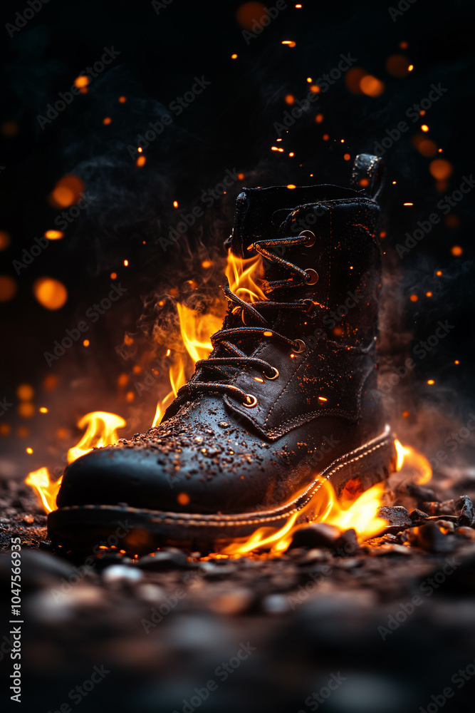 Black boot engulfed in flames on rocky ground creates intense fiery ...