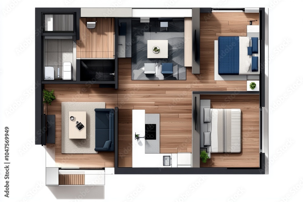 Simple line art of a small apartment with a functional living space ...