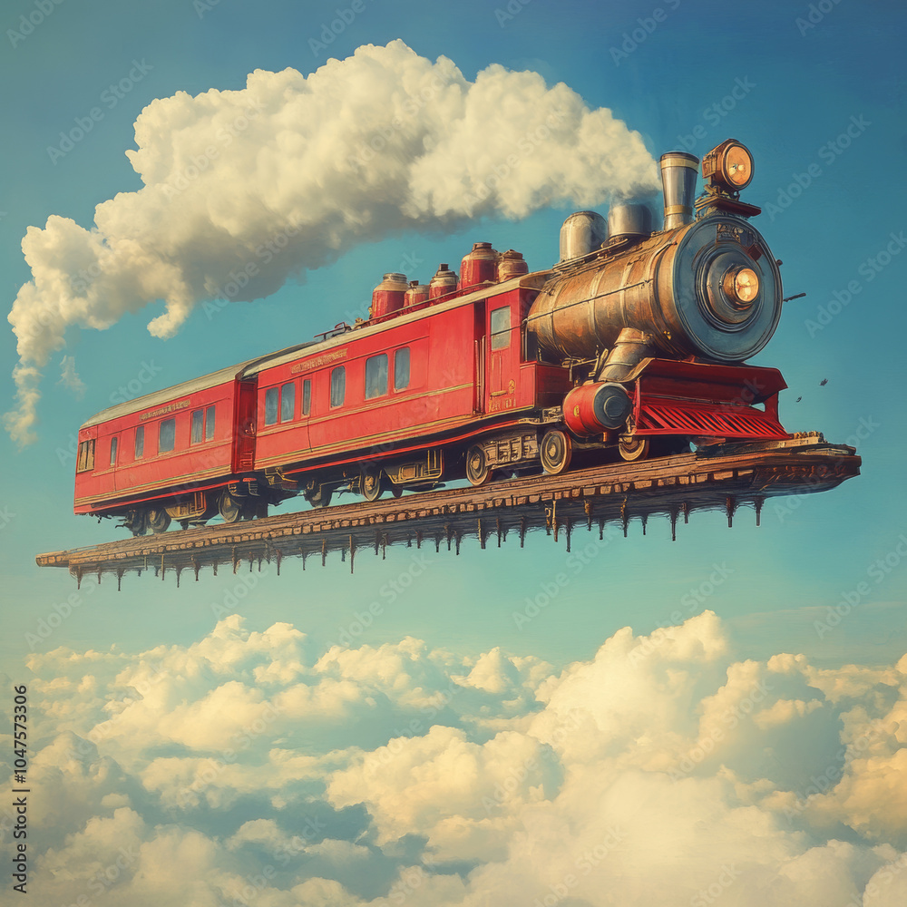 Flying trains glide effortlessly through the sky, futuristic and sleek ...