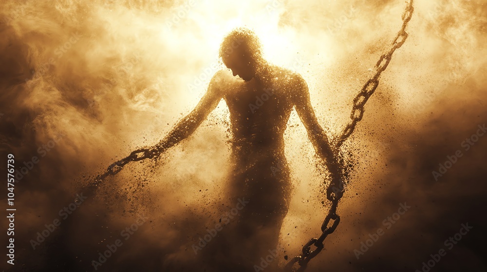 A silhouette of a person breaking free from chains, surrounded by a ...