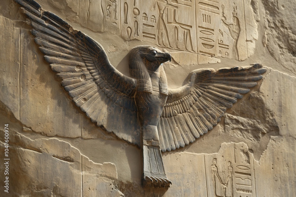 Horus the god of the sky spreading its wings, a hieroglyphic carving on ...