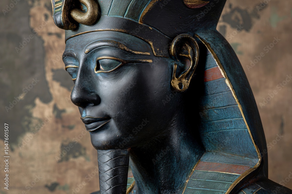 Black and gold bust of Osiris, the Egyptian god of the underworld, wearing a nemes headdress, is ...