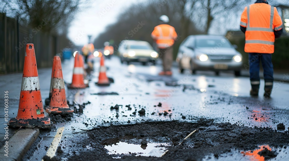 Road construction scene with workers in safety vests, traffic cones ...