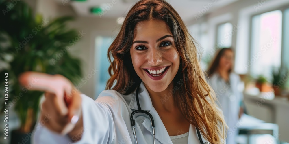 Celebration of medical achievement with a proud woman showcasing her ...