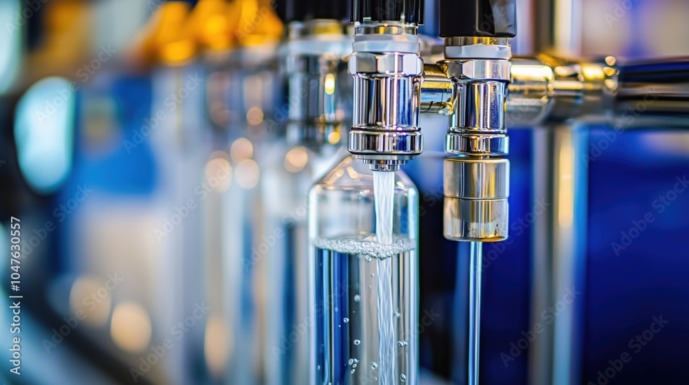 Clear water flows from shiny taps at a modern beverage dispensing ...