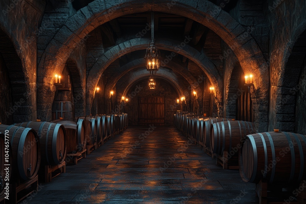 Explore a majestic royal wine cellar illuminated by flickering torches ...