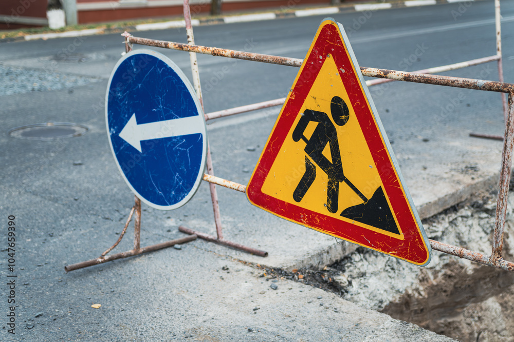 Roadwork in progress on a city street with safety barriers and ...