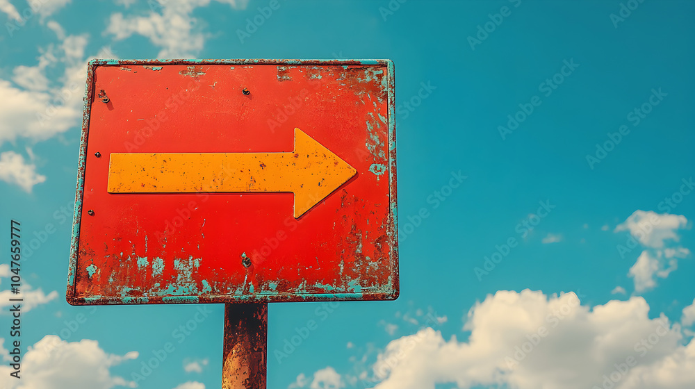 Vintage Directional Sign with Red Arrow Against Blue Sky and Clouds for ...